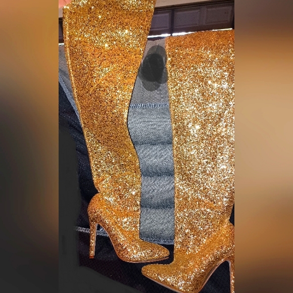 Fashion Nova | Shoes | Sparkly Gold Glitter Thigh High Stiletto Boots ...